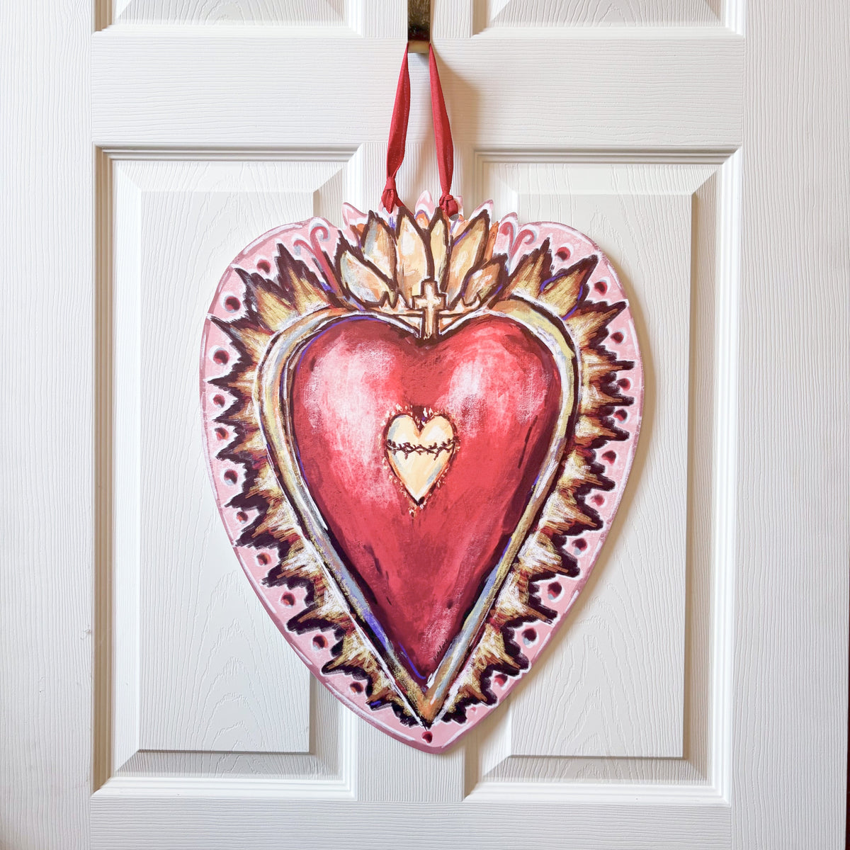 Sacred Heart Door Hanger - Flaming Crown Heart Shaped Religion Catholic ...